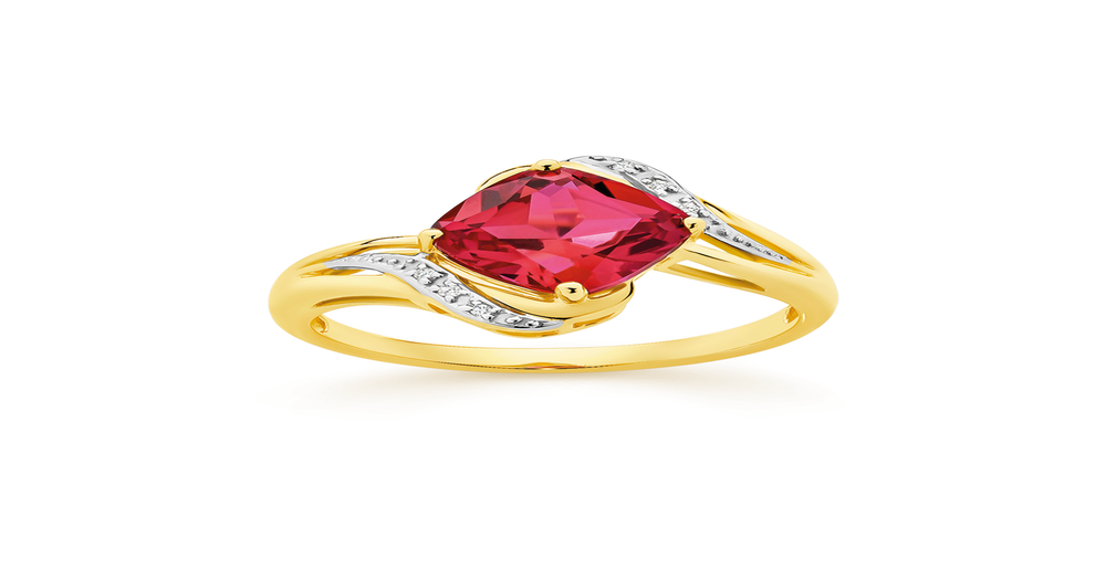 9ct Created Ruby & Diamond Offset Swirl Ring in Red | Prouds