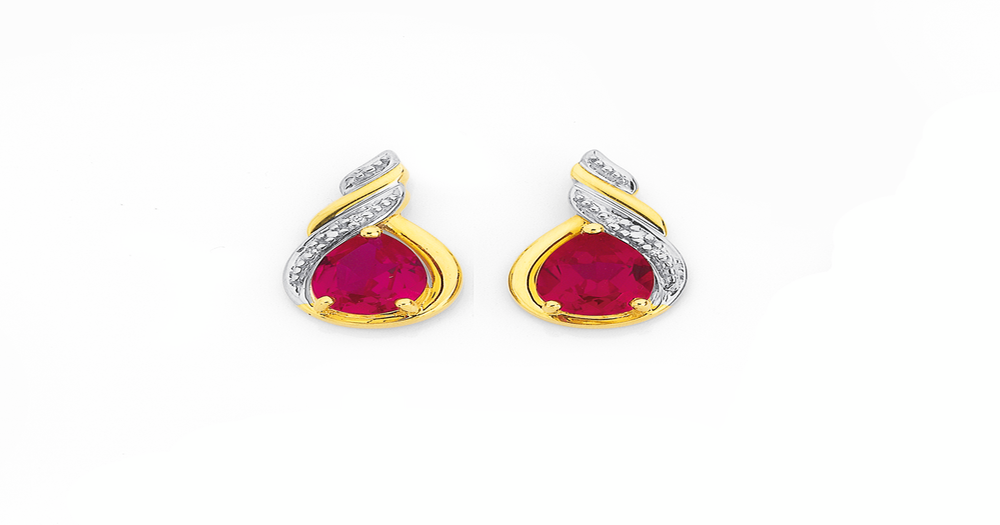 9ct Created Ruby & Diamond Swirl Drop Stud Earrings in Red | Prouds