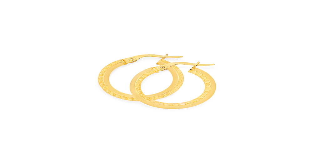9ct Gold 15mm Greek Key Pattern Knife Edge Hoop Earrings | Prouds