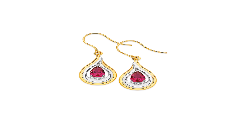 9ct Gold 2 Tone Created Ruby & Diamond Hook Earrings in Red | Prouds