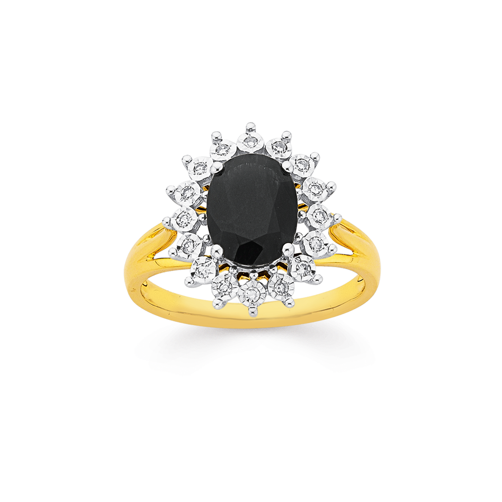 9ct Gold Black Sapphire .10ct Diamond Oval royal Ring in Black Prouds