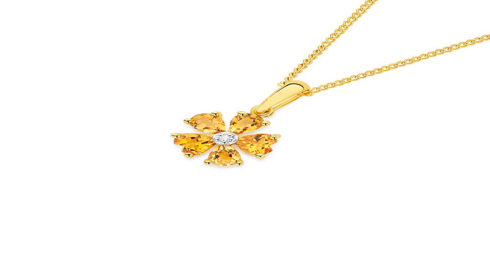9ct Gold Citrine & Diamond Flower Pendant in Yellow | Prouds