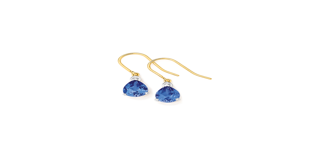 9ct Gold Created Ceylon Sapphire & Diamond Pear Shape Hook Earrings in ...