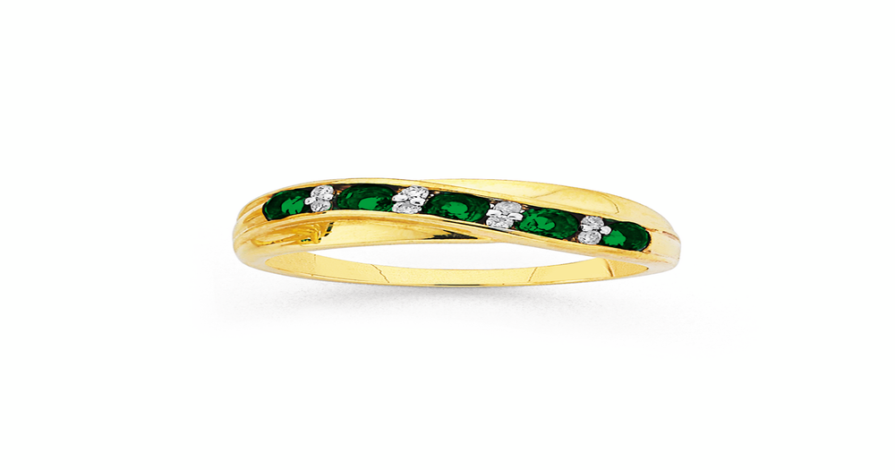9ct Gold, Created Emerald & Diamond Channel Set Ring in Green | Prouds