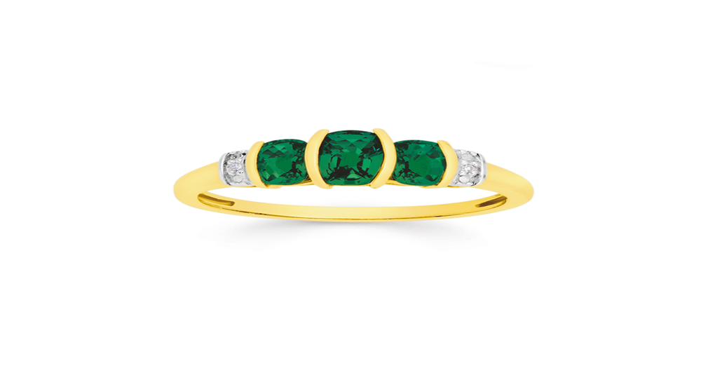 9ct Gold, Created Emerald & Diamond Cushion Trilogy Ring in Green | Prouds