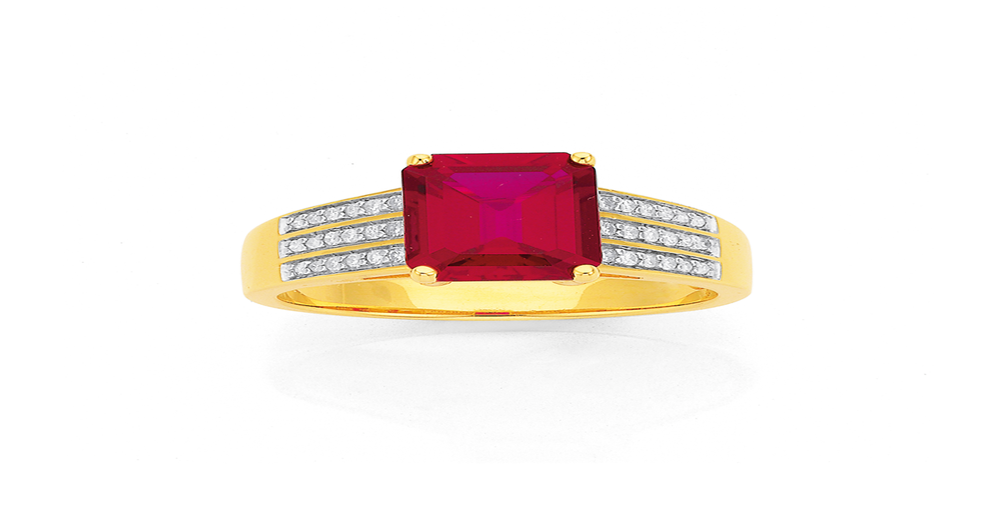 9ct Gold Created Ruby & .15ct Diamond Dress Ring in Red | Prouds