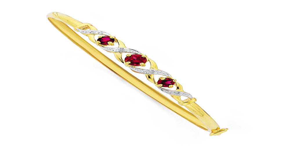 9ct Gold, Created Ruby & Diamond Bangle in Red | Prouds