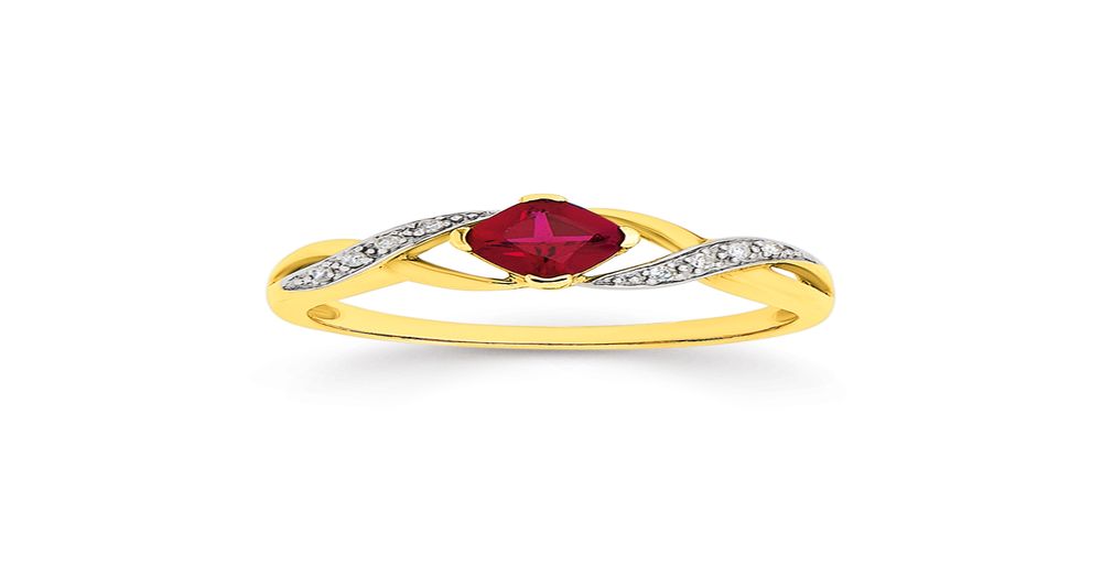 9ct Gold, Created Ruby & Diamond Cushion Cut Ring in Red | Prouds