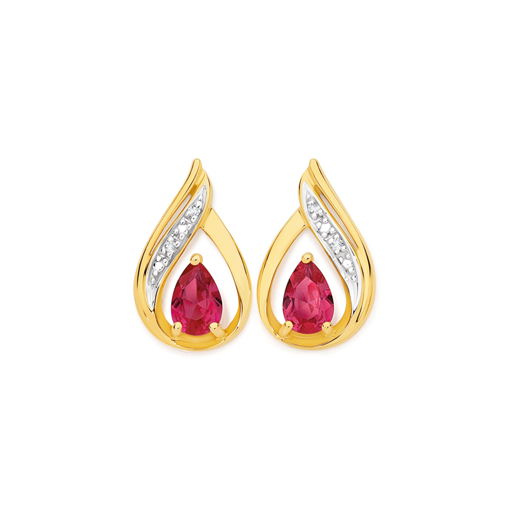 9ct Gold Created Ruby Diamond Earrings in Red Prouds