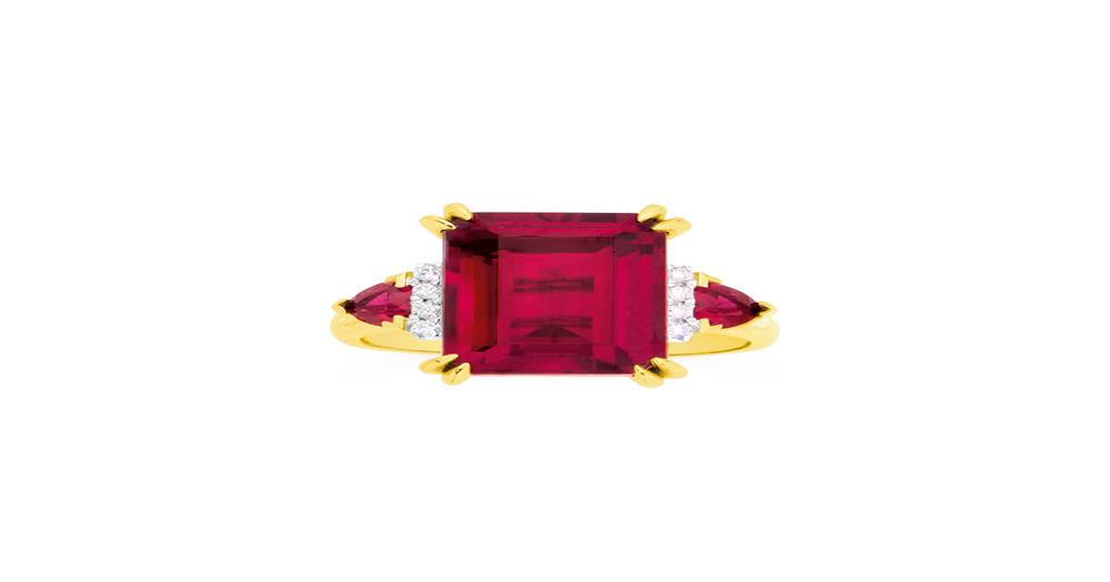 9ct Gold Created Ruby & Diamond Emerald Cut Dress Ring in Red | Prouds