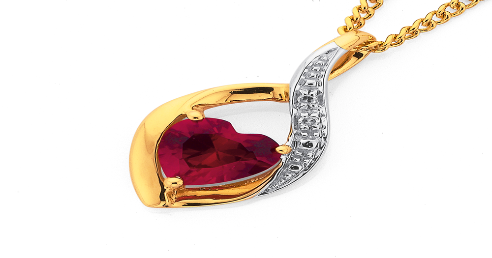9ct Gold Created Ruby & Diamond Heart Pendant in Red | Prouds