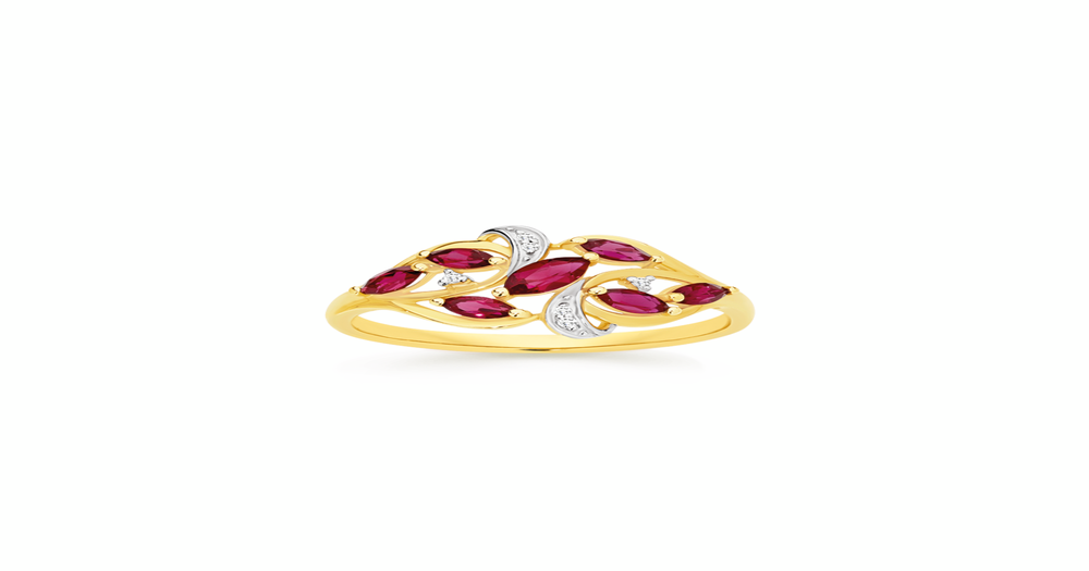 9ct Gold,, Created Ruby & Diamond Marquise Cut Swirl Ring in Red | Prouds