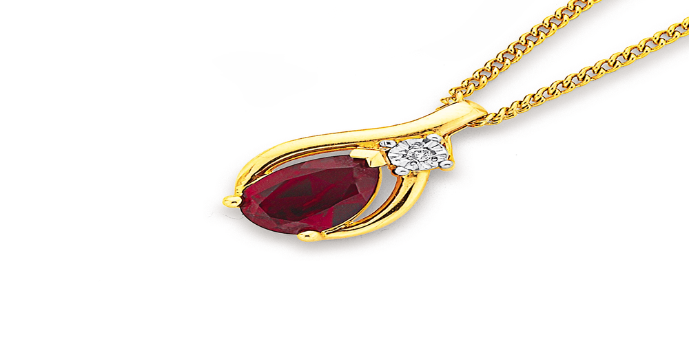 9ct Gold, Created Ruby & Diamond Pear Shape Pendant in Red | Prouds