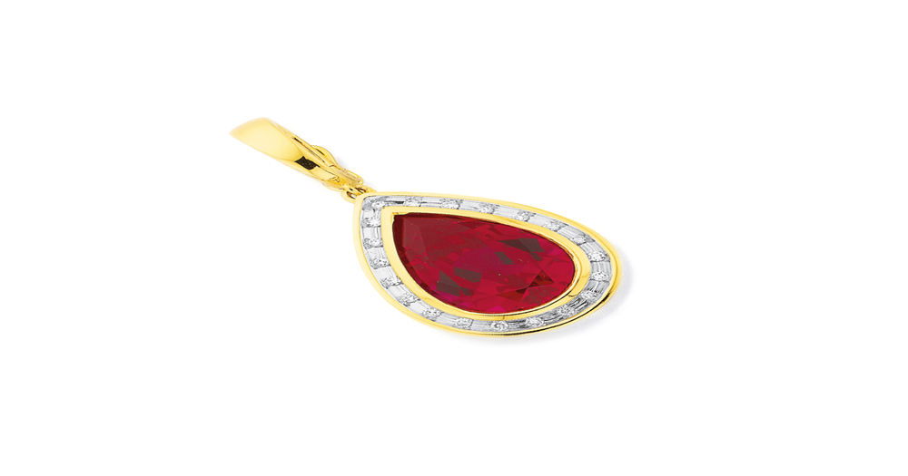 9ct Gold Created Ruby & Diamond Pear Shape Pendant in Red | Prouds