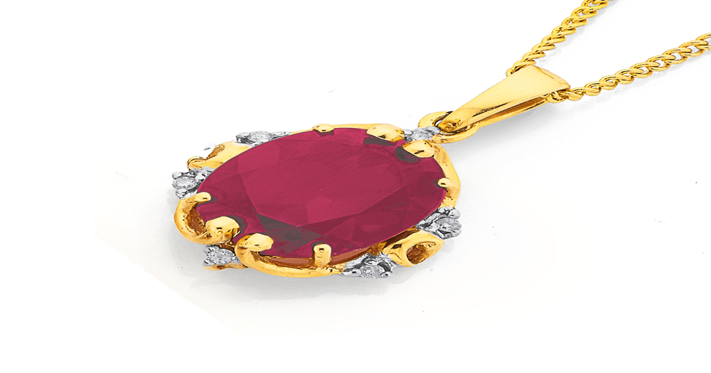 9ct Gold, Created Ruby & Diamond Pendant in Red | Prouds