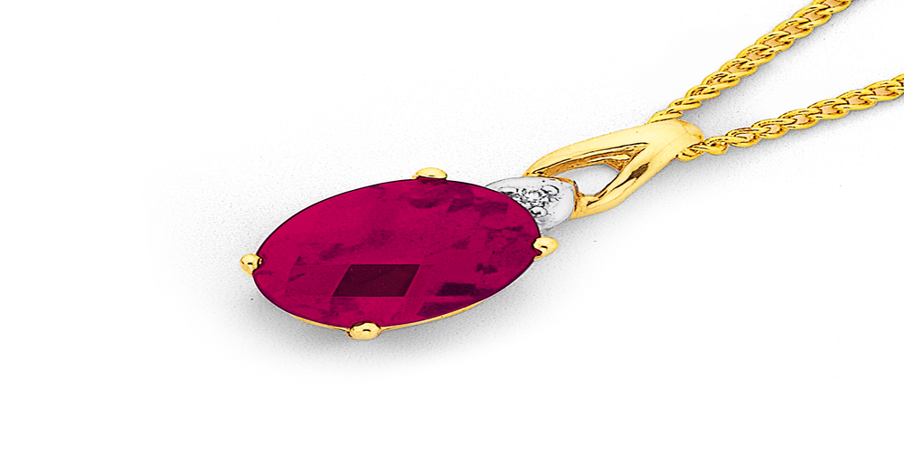 9ct Gold, Created Ruby & Diamond Pendant in Red | Prouds