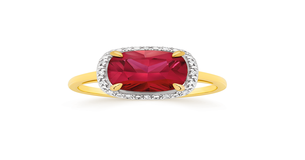9ct Gold Created Ruby & Diamond Ring in Red | Prouds