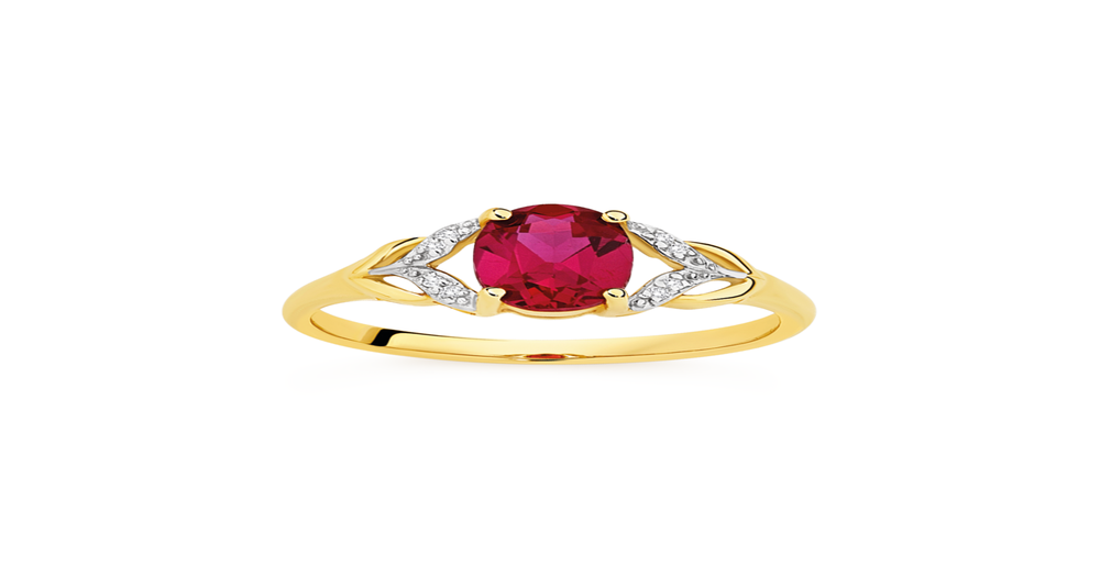 9ct Gold Created Ruby & Diamond Shoulder Ring in Red | Prouds
