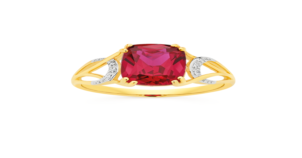 9ct Gold Created Ruby & Diamond Shoulder Ring in Red | Prouds