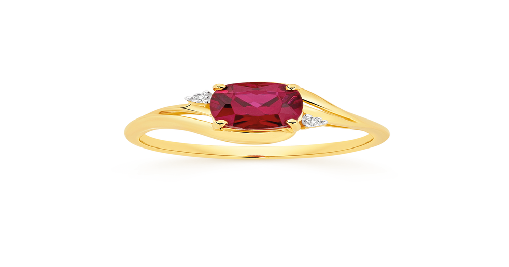 9ct Gold Created Ruby & Diamond Shoulder Ring in Red | Prouds