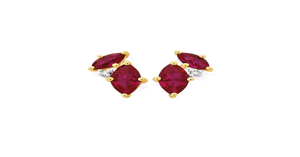 9ct Gold Created Ruby & Diamond Stud Earrings in Red | Prouds
