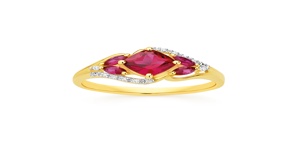 9ct Gold Created Ruby & Diamond Trilogy Ring in Red | Prouds