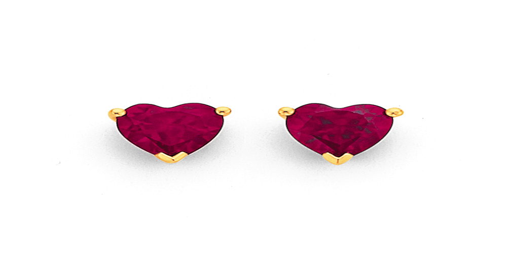 9ct Gold Created Ruby Heart Stud Earrings in Red | Prouds