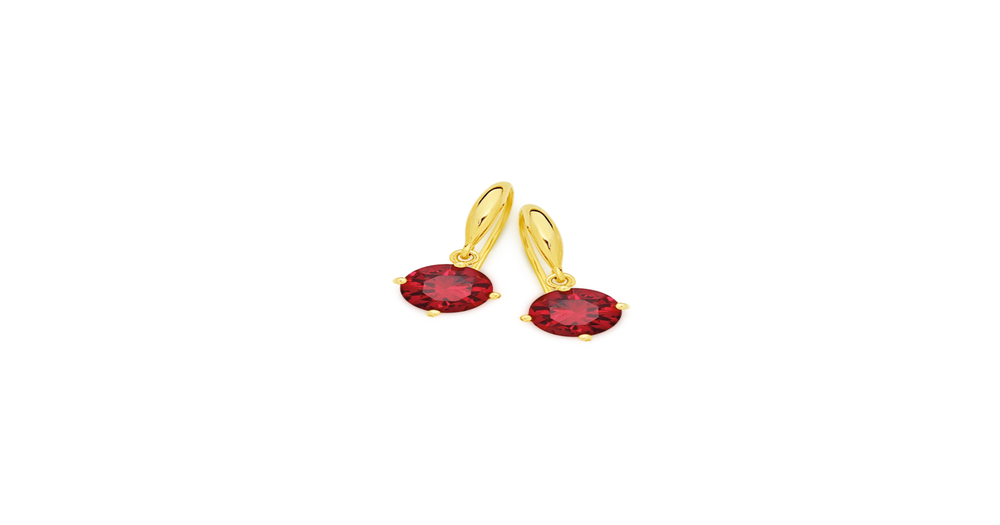 9ct Gold Created Ruby Round Brilliant Cut Hook Earrings in Red | Prouds