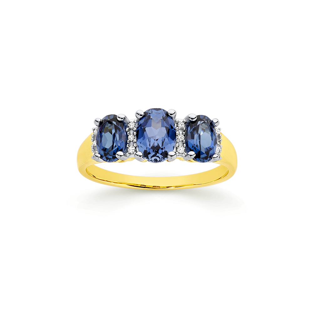 9ct Gold Created Sapphire Diamond Trilogy Ring