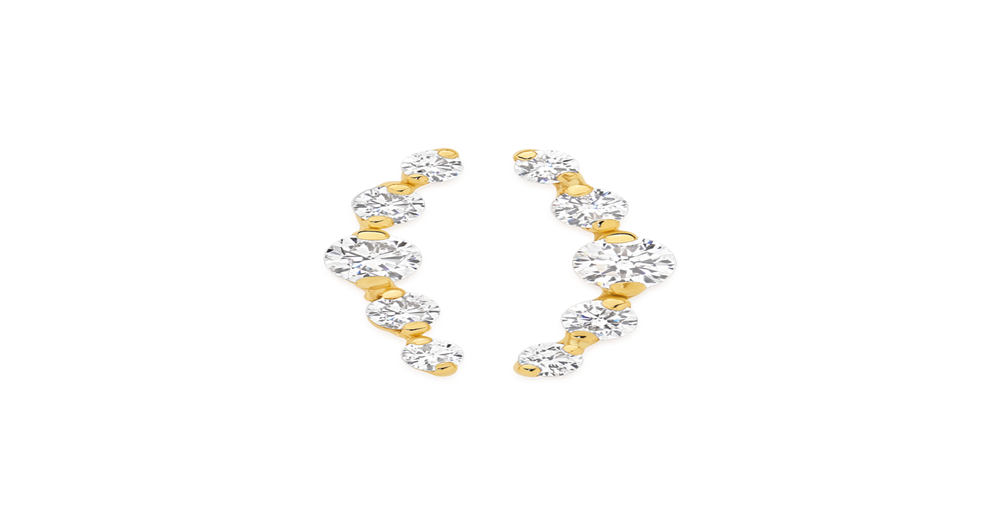 9ct Gold Cubic Zirconia Gradual Curved Stud Earrings in Clear | Prouds