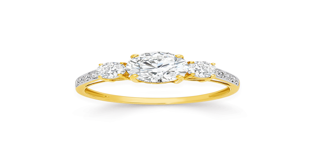 9ct Gold Cubic Zirconia Round Brilliant Trilogy Shoulder Dress Ring in ...