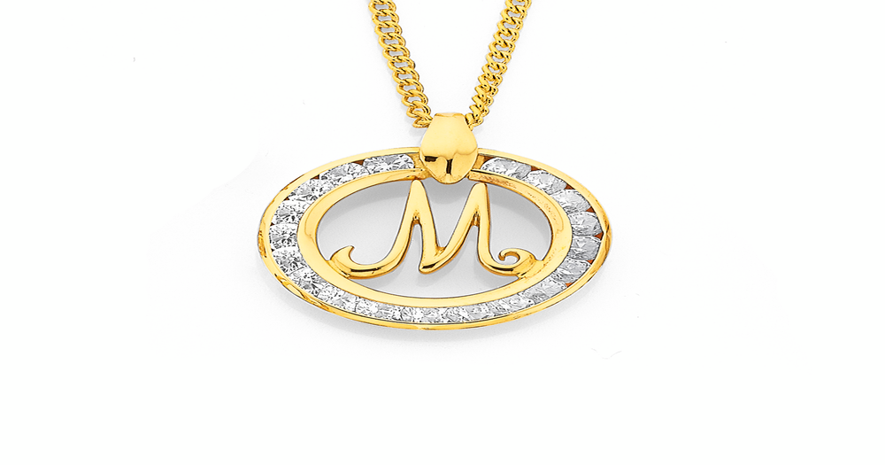 9ct Gold Cubic Zirconia Script Initial M Pendant in Clear | Prouds