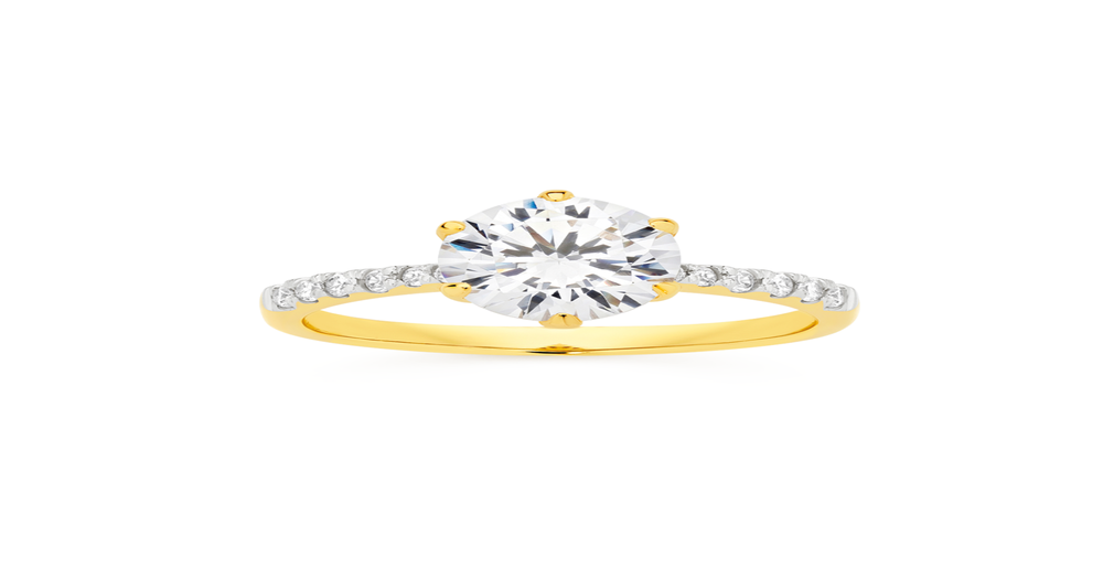9ct Gold Cubic Zirconia Solitaire Shoulder Ring in Clear | Prouds