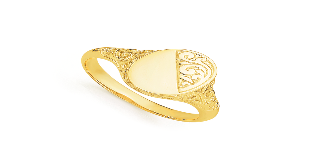 9ct Gold Filigree Engravable & Polished Oval Signet Ring | Prouds