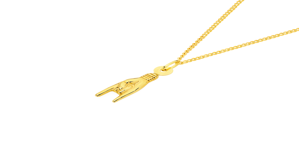 9ct Gold Hollow 'rock On' Hand Sign Pendant | Prouds