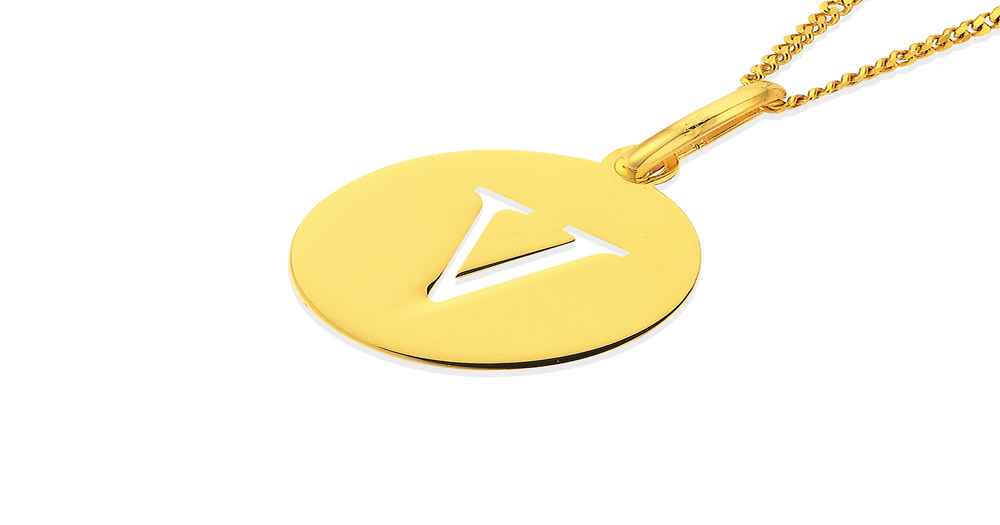9ct Gold Initial 'v' Serif Style Round Disc Pendant | Prouds