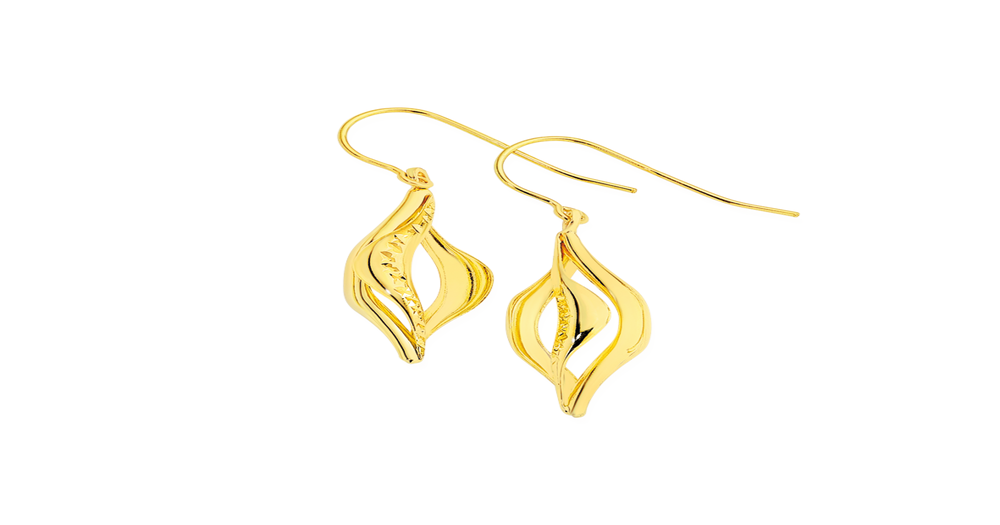 9ct Gold Polished & Diamond-cut Pointed Open Wave Hook Drop Earrings ...