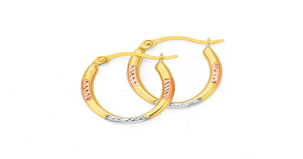 9ct Gold Tri Tone Diamond-cut Striped Oval Hoop Earrings | Prouds