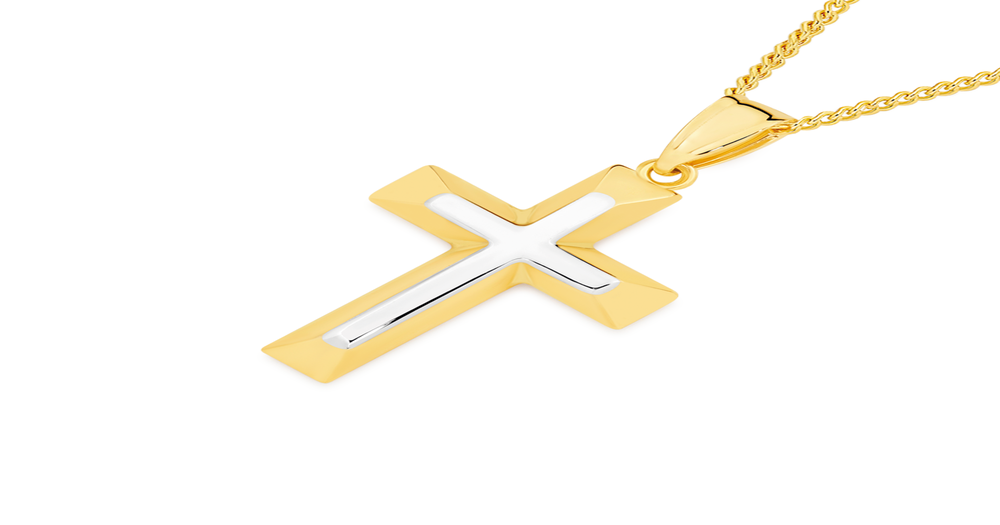 9ct Gold Two Tone Bevelled Edge Cross Pendant | Prouds