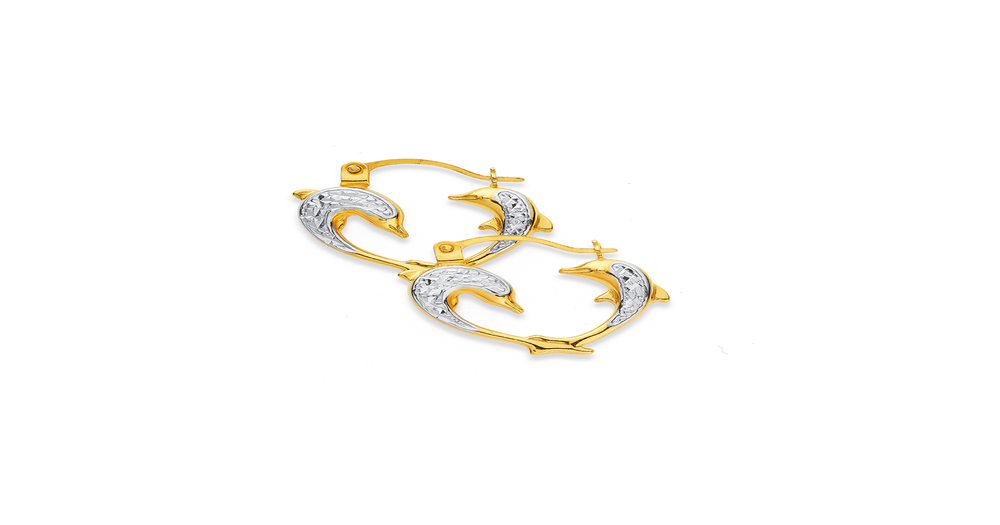 9ct Gold Two Tone Dolphin Creole Earrings | Prouds