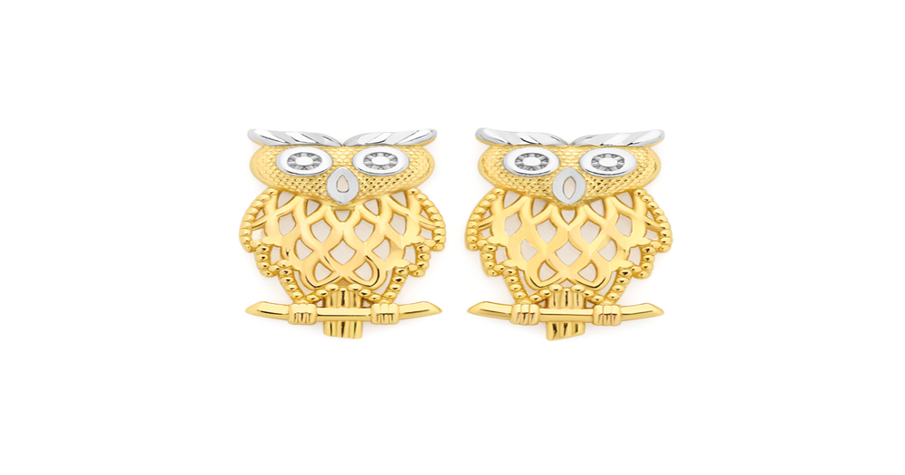 9ct Gold Two Tone Owl Stud Earrings | Prouds