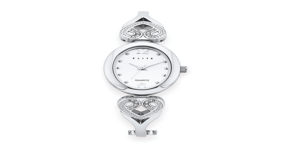 Elite Ladies Crystal Heart Watch in Silver | Prouds