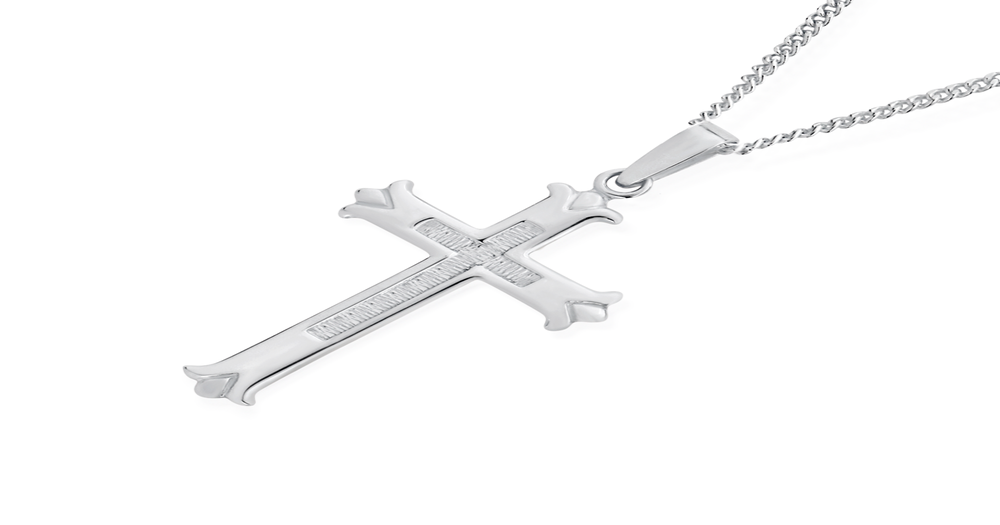 Silver 30mm Fancy Clover Edge Cross Pendnt | Prouds