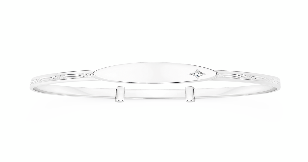 Silver 45mm Filigree Engraved Oval Cz Id Expander Bangle in Clear | Prouds