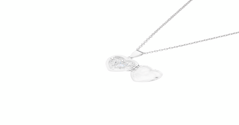 Silver Cz Scroll Heart Locket in Clear | Prouds