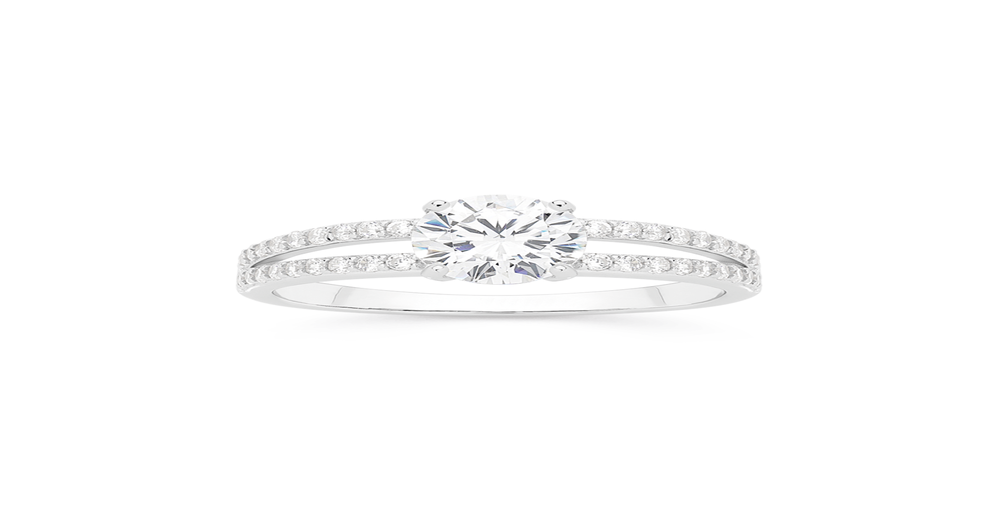 Silver Pave Round Cz Split Solitaire Ring Size R in Clear | Prouds