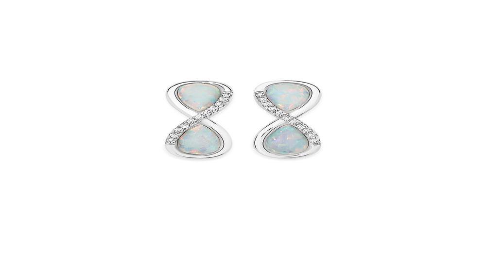 Silver Syn Opal & Cz Curve Studs in White | Prouds