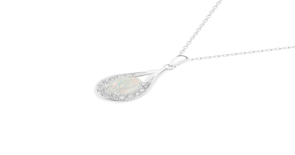 Silver Syn White Opal In Cz Open Pear Pendant in White | Prouds