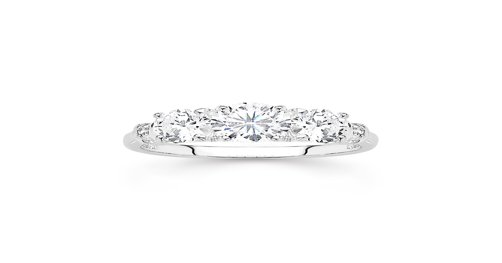 Silver Three Stone Cz & Shoulder Ring in Clear | Prouds