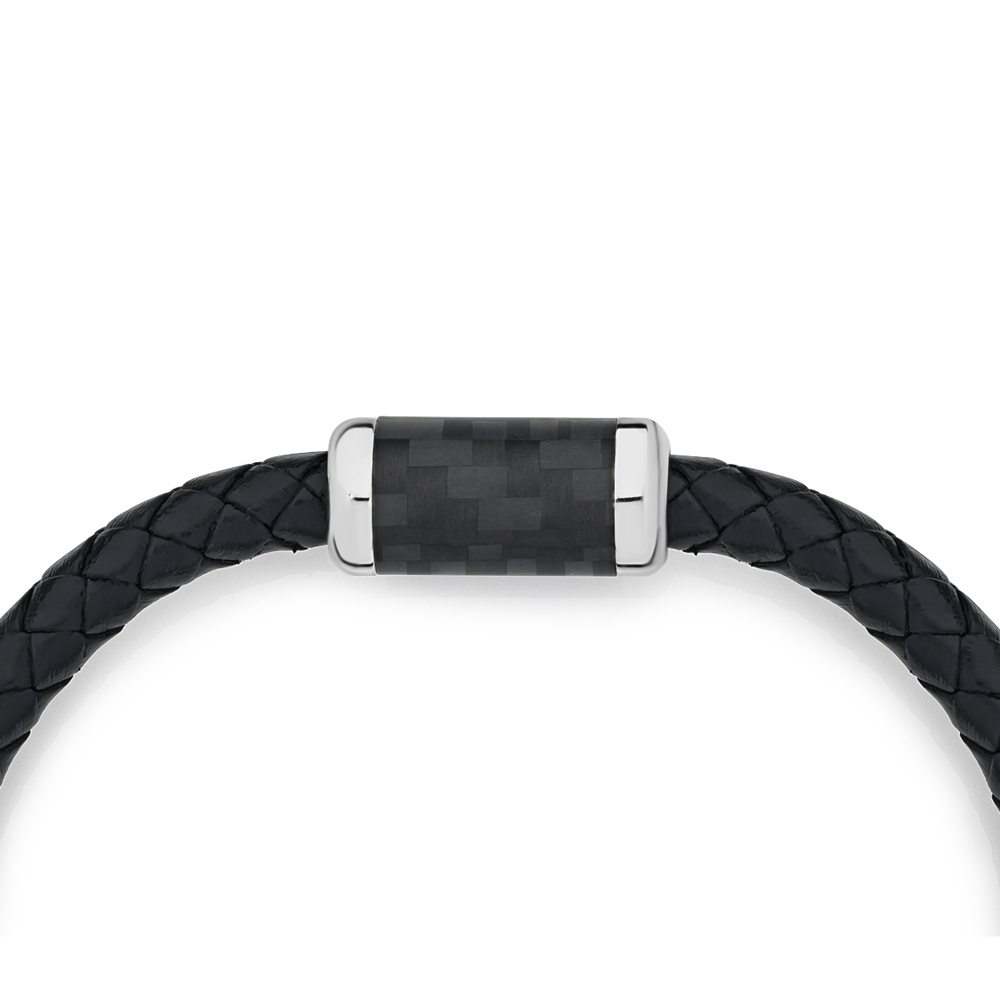 Stainless Steel 21.5cm Plait Leather With Black Clip Bracelet Prouds